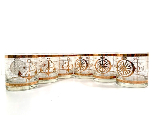 Georges Briard Signed Mid-Century Golden Nautical Glasses (Set of 6 ...